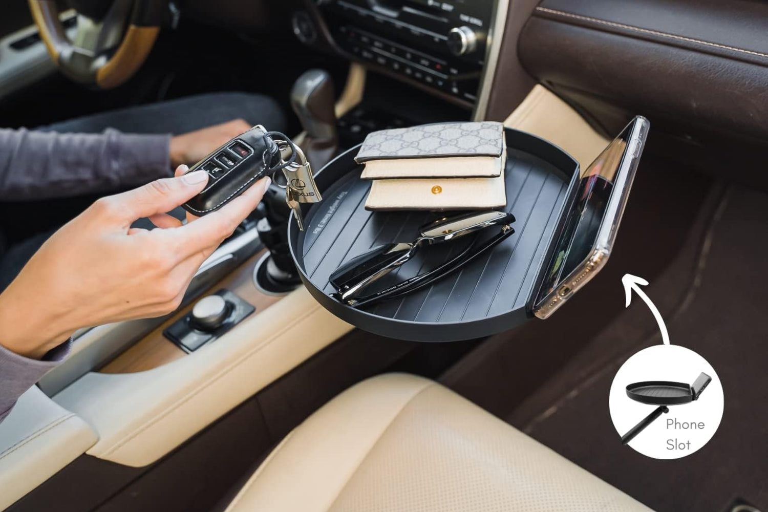 Adjustable Car Cup Holder Tray with Phone Slot | Macally